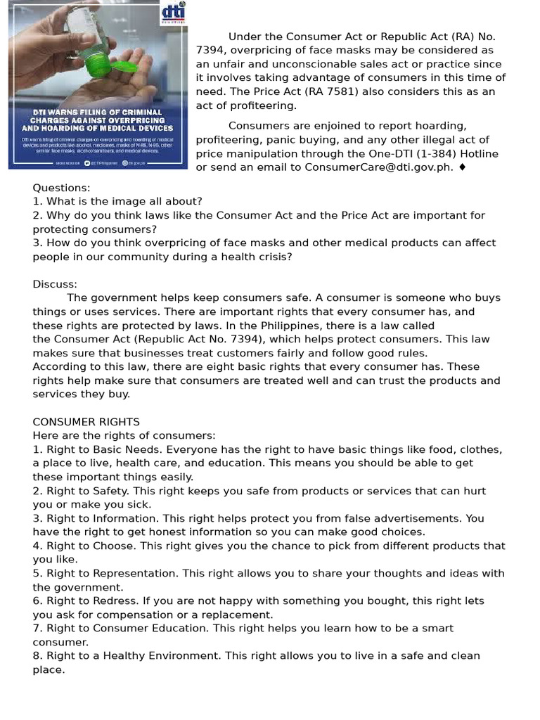 Under The Consumer Act or Republic Act HEALTH 4 | PDF