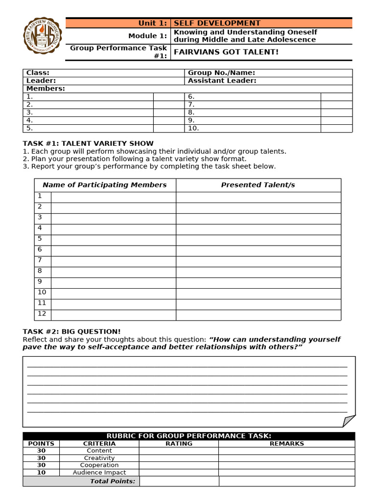 PERDEV Group Performance Task Sheet - M1 (Fairvians Got Talent) | PDF