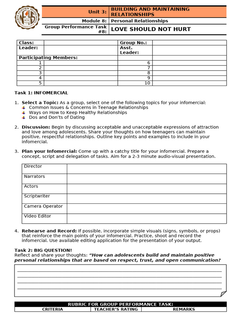 PERDEV Group Performance Task Sheet - M8 | PDF