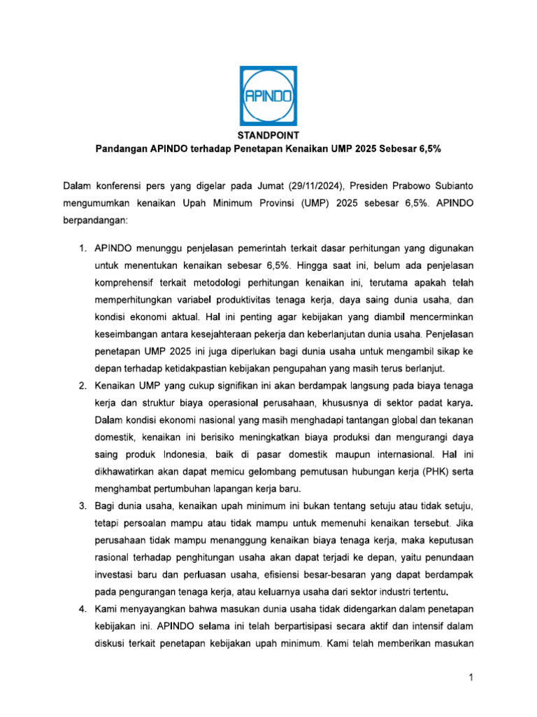 Pandangan Apindo UMP Up 6.5 PCT | PDF