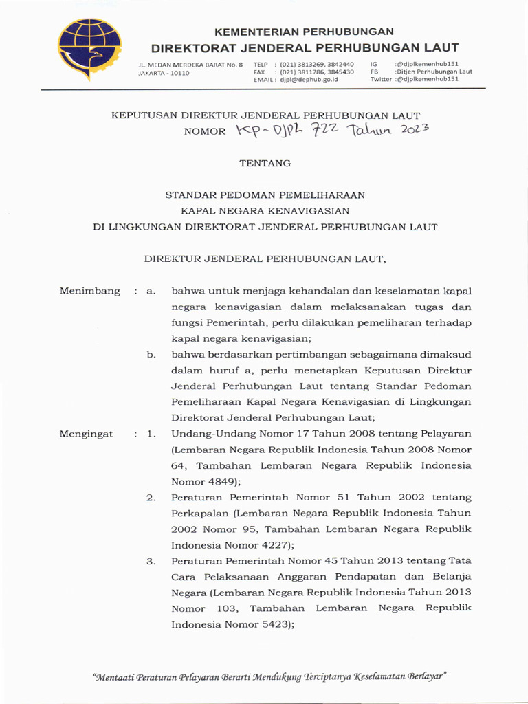 KP-DJPL 722 Tahun 2023 Tugas Perawatan Kapal | PDF