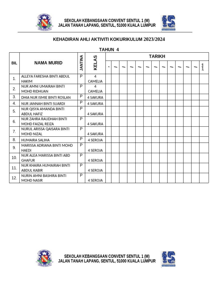 Kehadiran Murid Kokurikulum 2023 | PDF