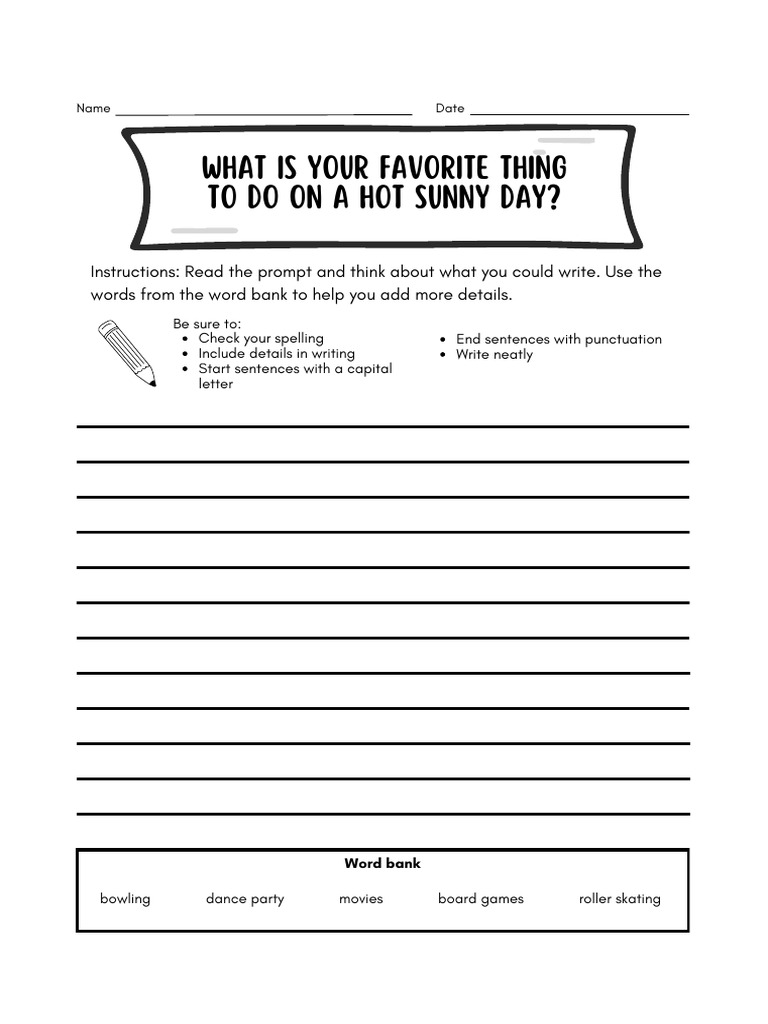 Summer Writing Prompt Worksheets in Black and White Simple Style | PDF