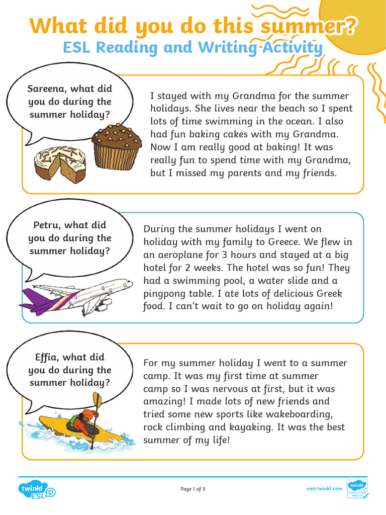 What Did You Do This Summer Esl Reading and Writing Activity - Ver - 3 ...