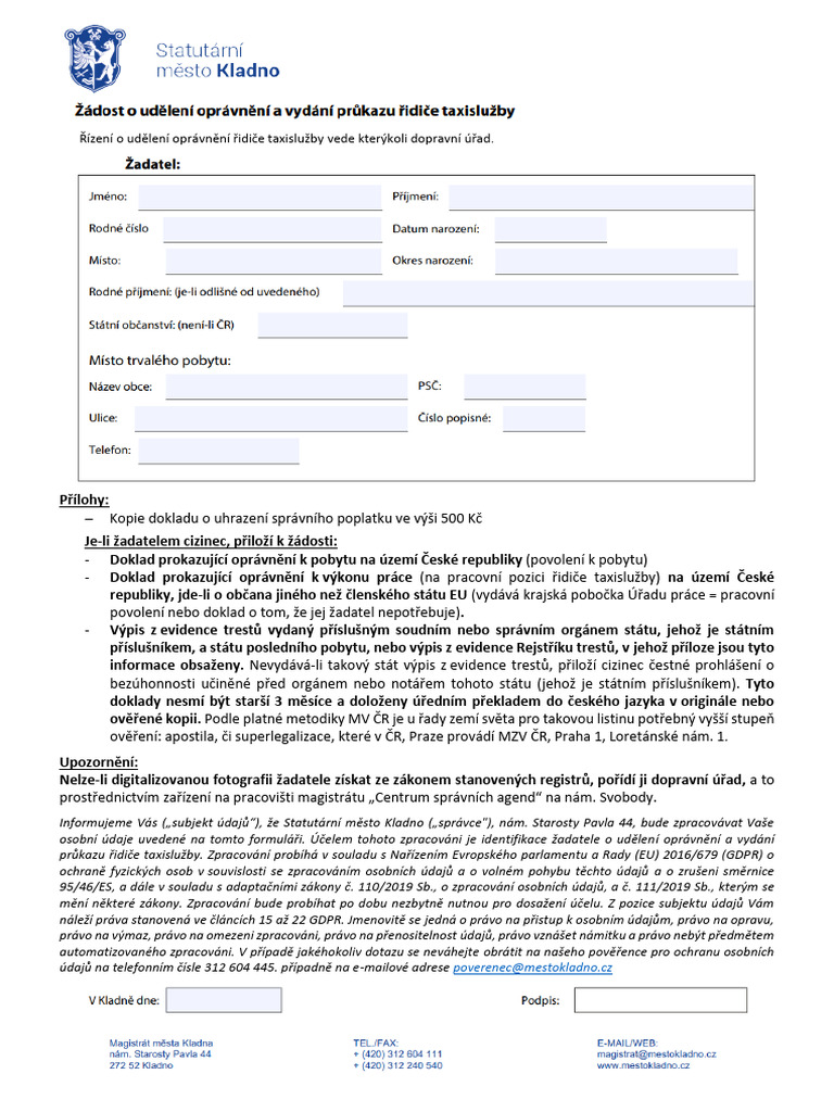 Zadost o Udeleni Opravneni A Vydani Prukazu Ridice Taxisluzby | PDF