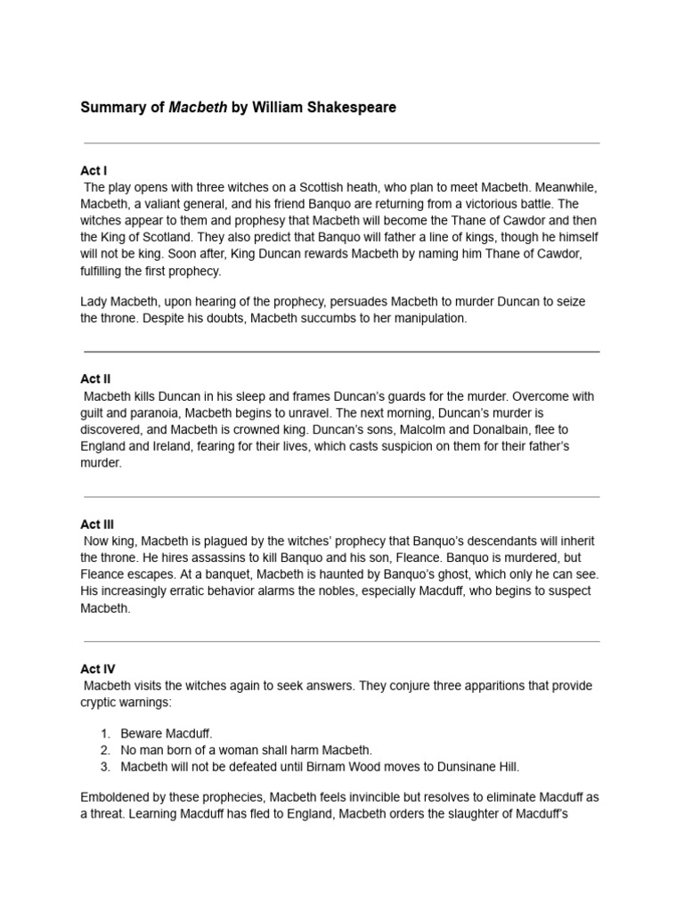 Summary of Macbeth by William Shakespeare | PDF | Macbeth ...