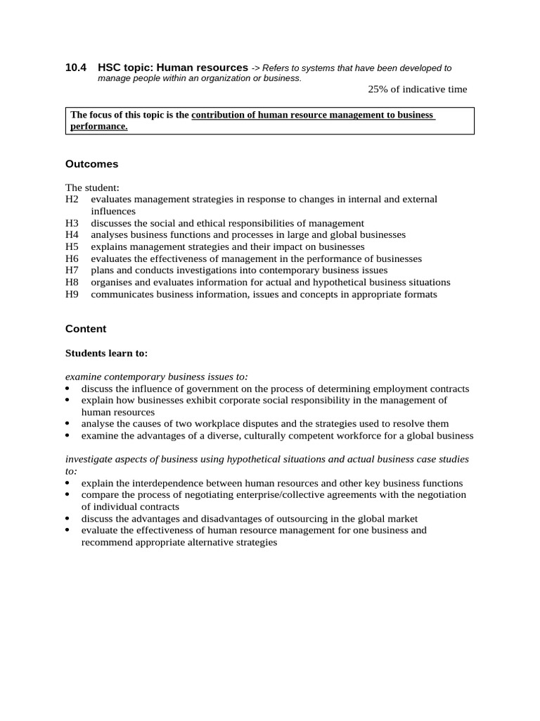 Summary Notes - Human Resources for HSC business studies | PDF ...