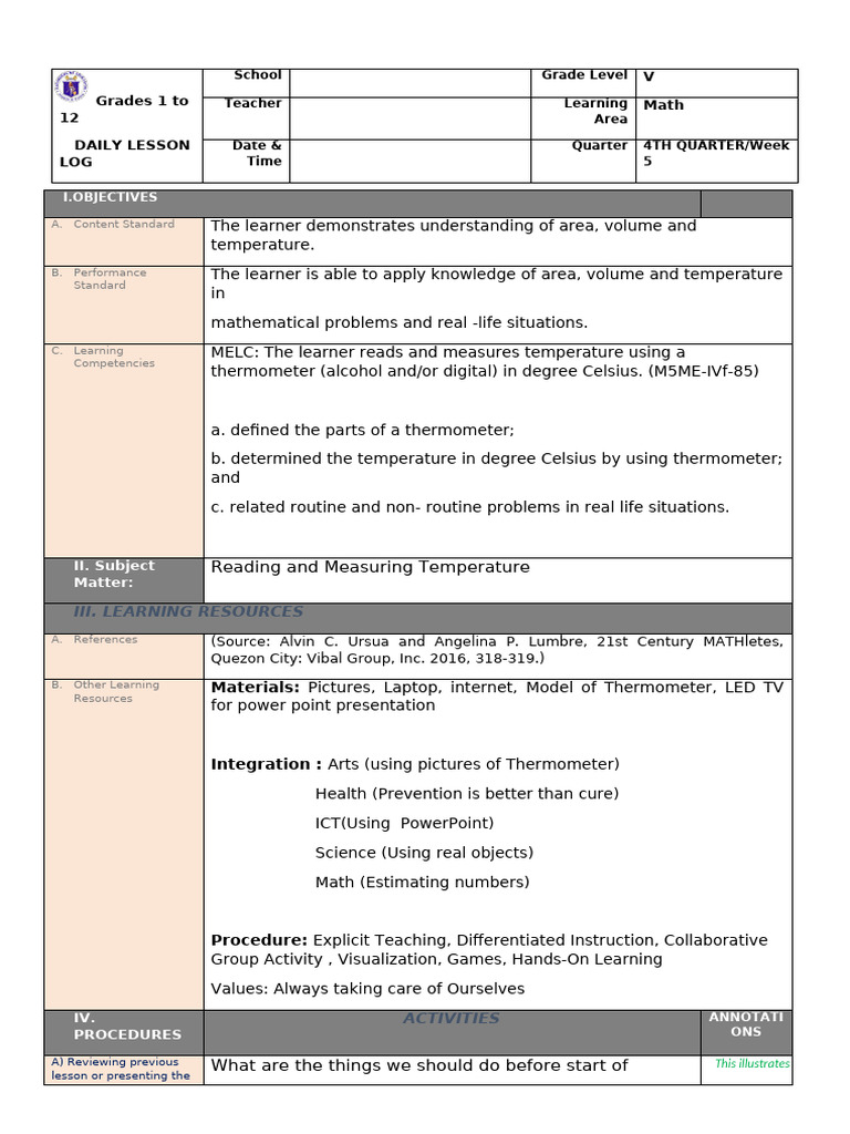 Math Grade 5 4th Quarter Reading Thermometer | PDF | Thermometer ...