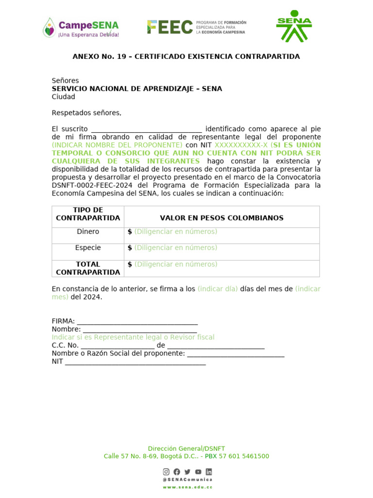 Anexo 19 Certificado Existencia Contrapartida | PDF