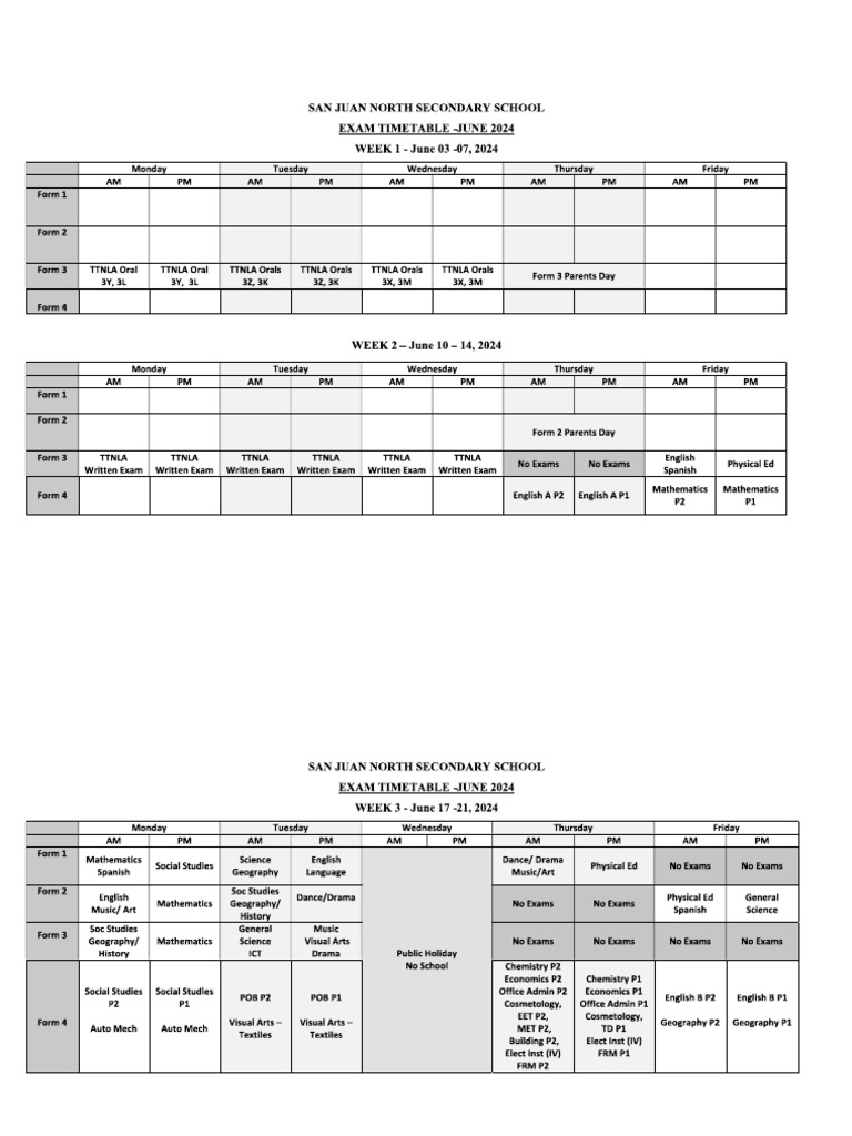 Exam of Term 3 Time Table - June 2024 | PDF