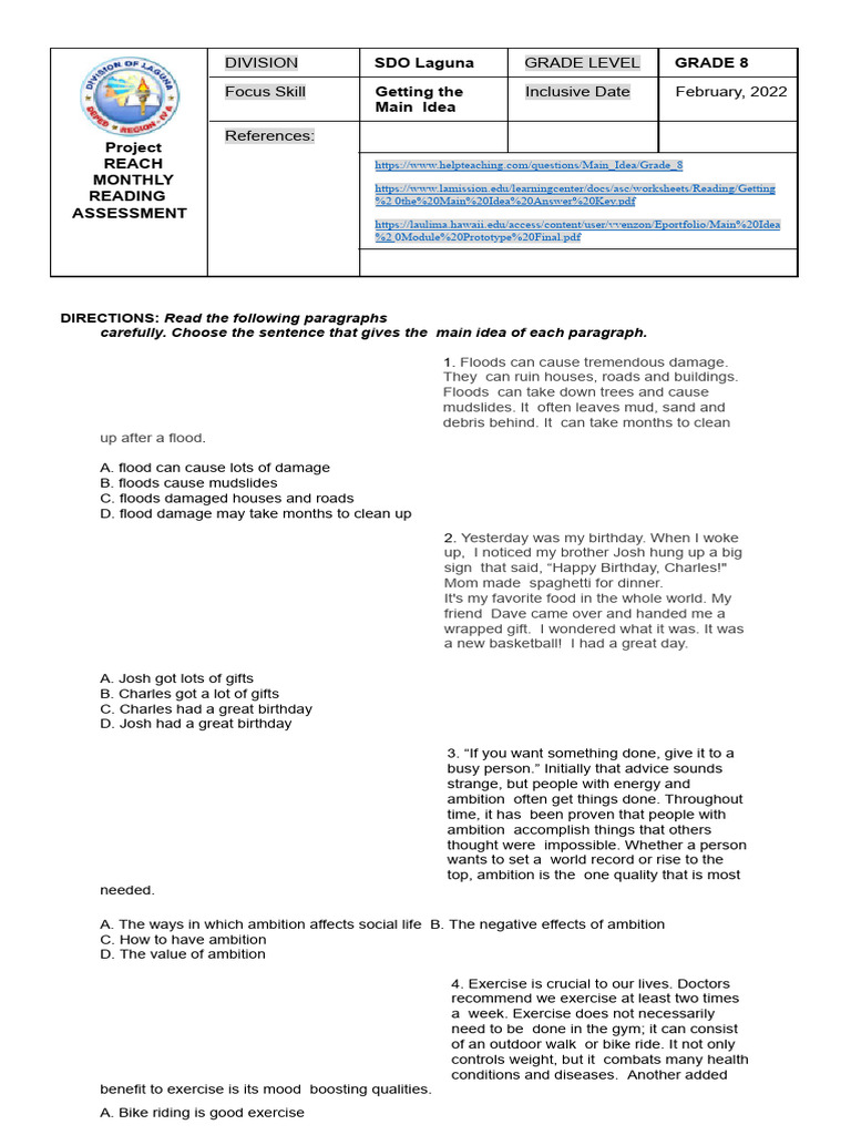 MAR G8 FRUSTRATION Getting-Main-Idea | PDF