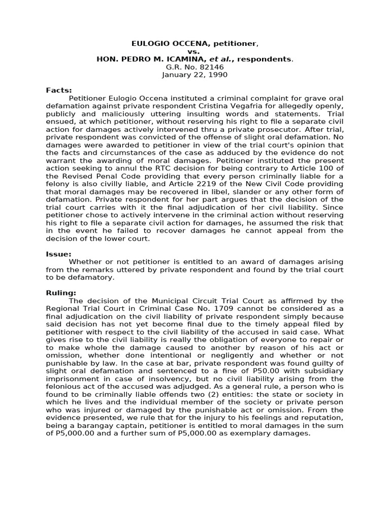 Art. 1161 Occena v. Icamina | PDF | Defamation | Justice