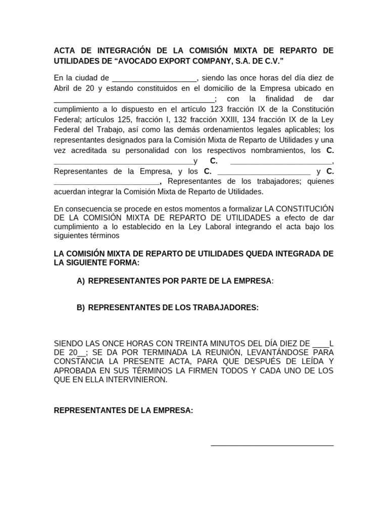 Acta de Integraci N de La Comisi N Mixta de Reparto de Utilidades | PDF
