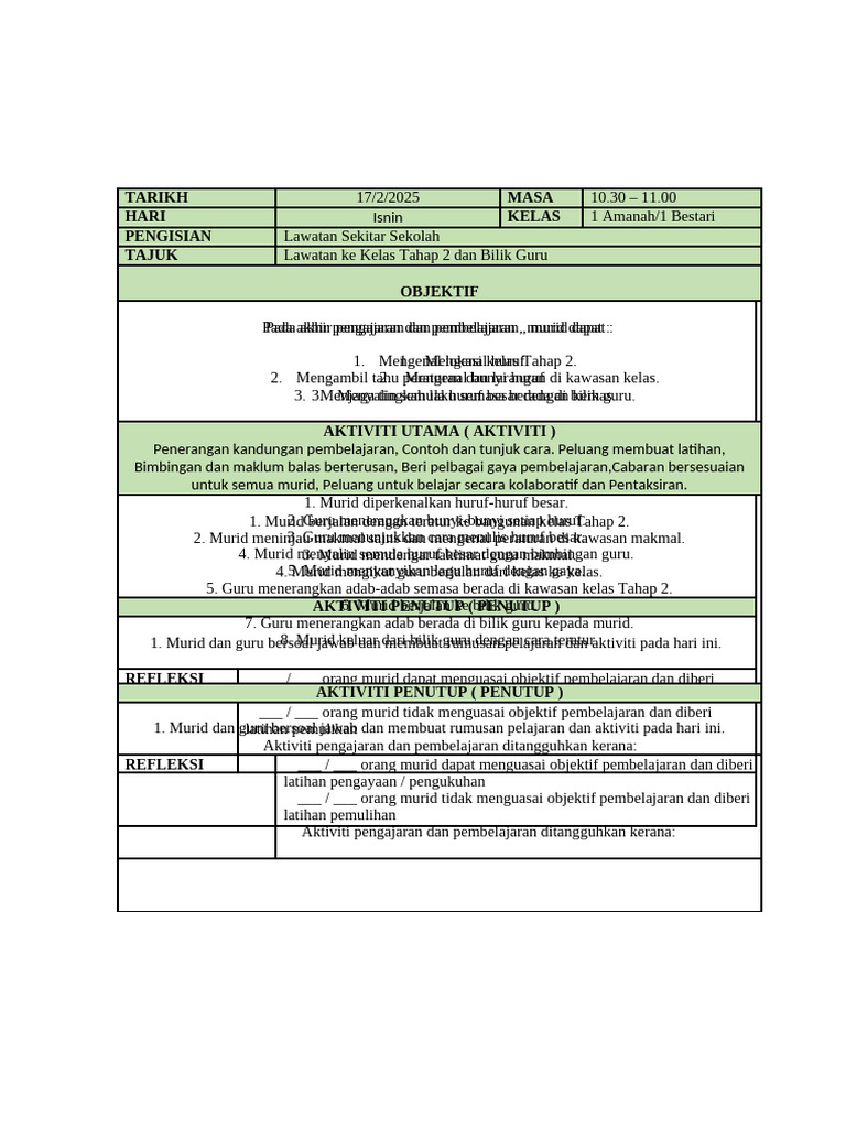 RPH Transisi Tahun 1 Minggu Pertama Persekolahan | PDF