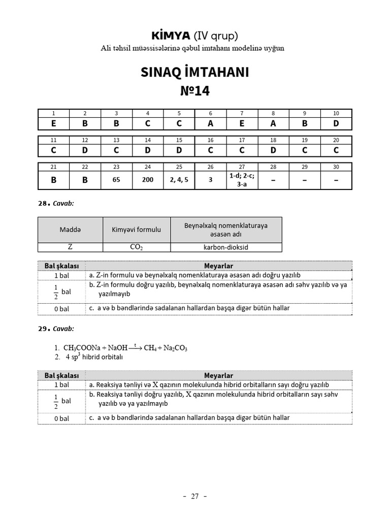 Kimya Qrup 4 AZ Sinaq 14 | PDF