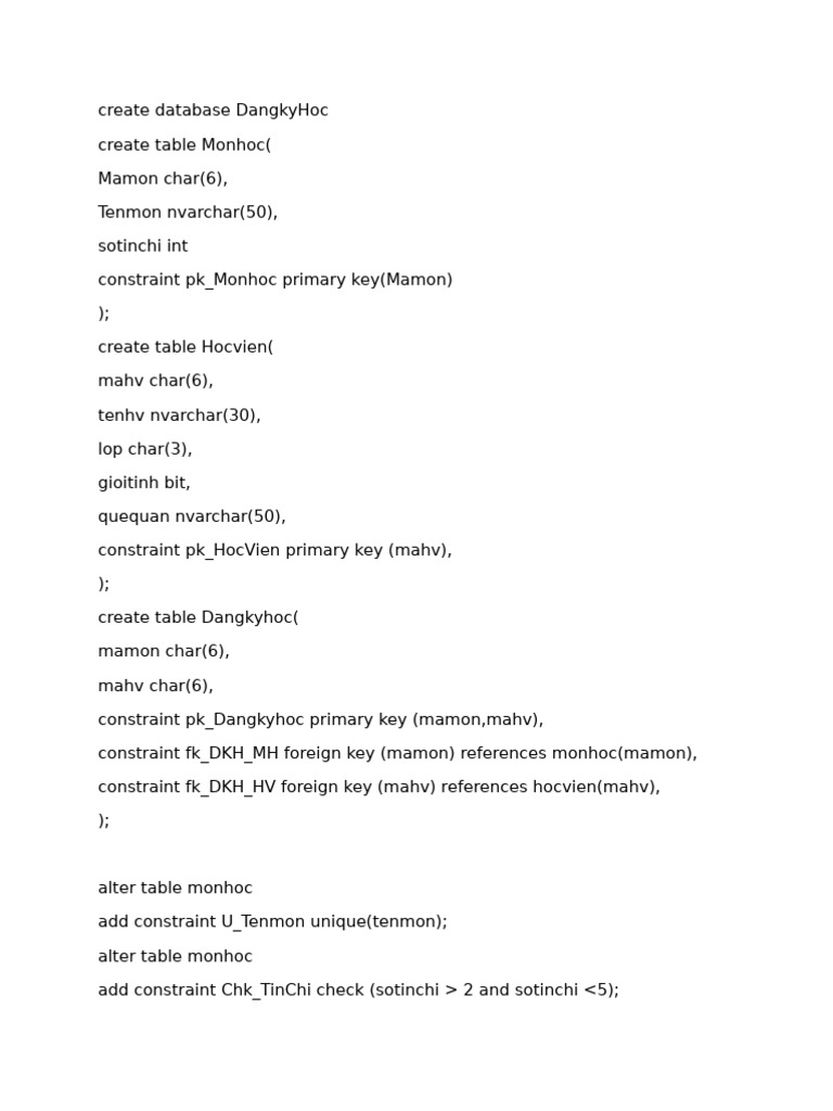 Create Database DangkyHoc | PDF | Data Management Software | Computer Data