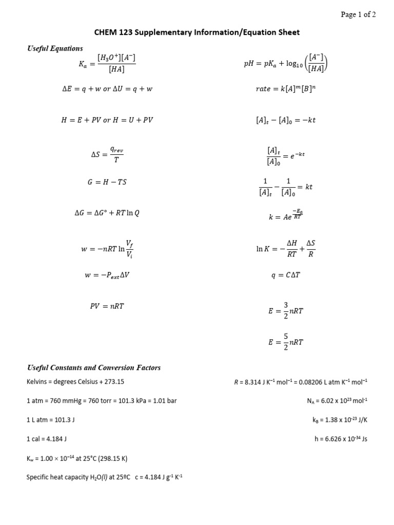 2024W2 CHEM 123 Formula Sheet | PDF | Physical Quantities | Applied And Interdisciplinary Physics