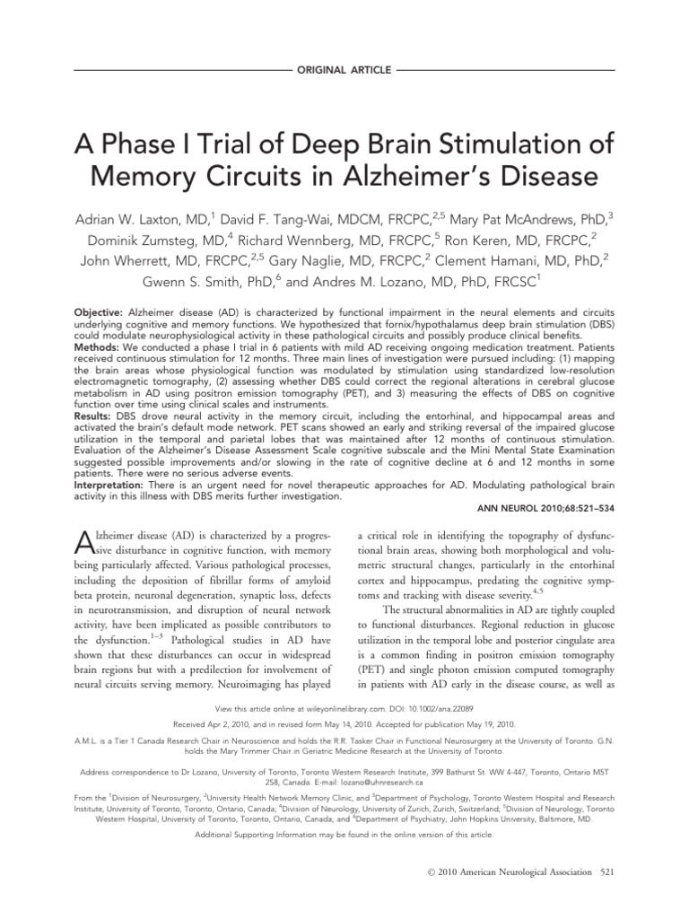 A Phase I Trial of Deep Brain Stimulation of Memory Circuits in Alzheimer's Disease | PDF ...