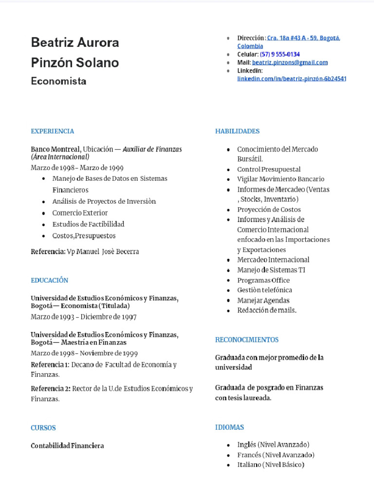 Curriculum Vitae - Beatriz Aurora Pinzón Solano | PDF