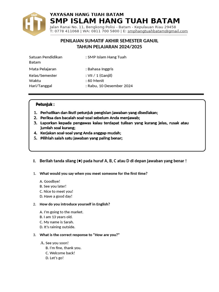 Soal B.Ing SAS Ganjil TP.2425 | PDF