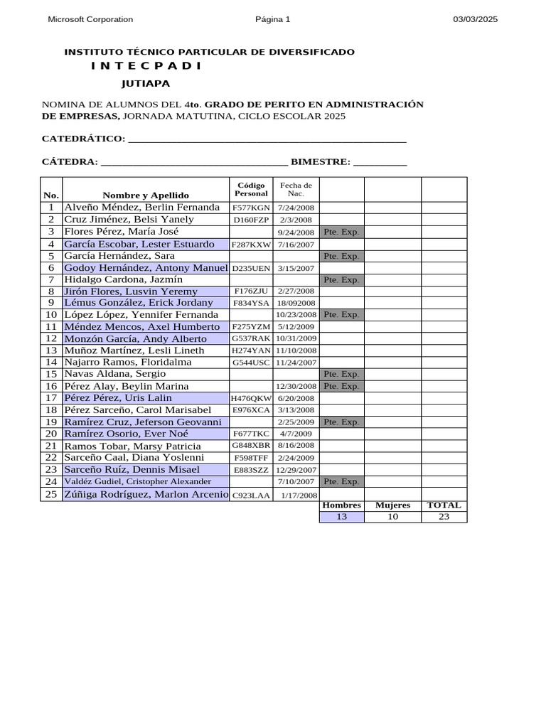 Nómina de Alumnos INTECPADI 2025 | PDF