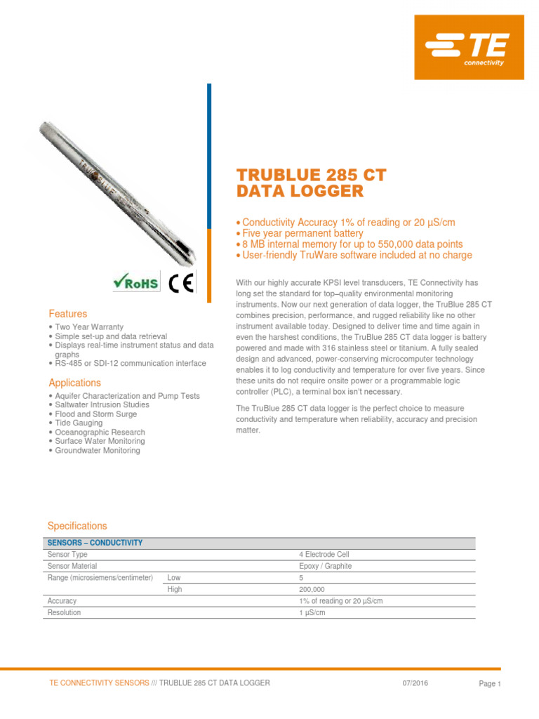 TruBlue 285 CT Data Logger Overview | PDF | Sensor | Accuracy And Precision