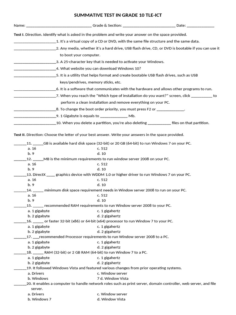 Grade 10 TLE-ICT Summative Test | PDF | Usb Flash Drive | 64 Bit Computing