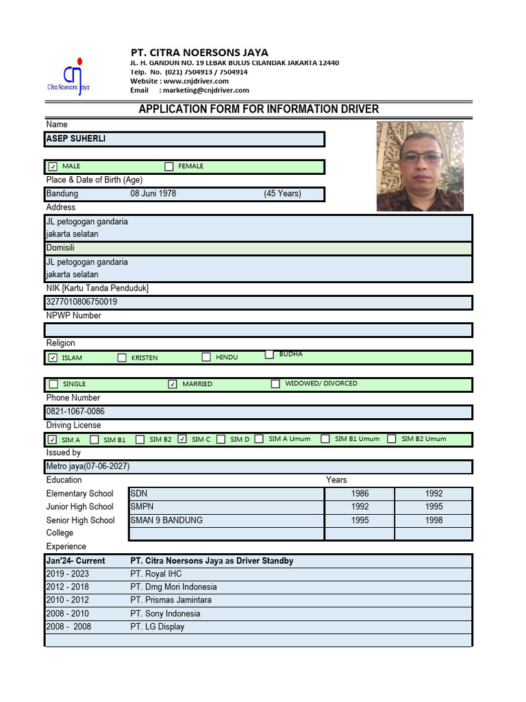 Driver Application Form for PT. Citra Noersons Jaya | PDF