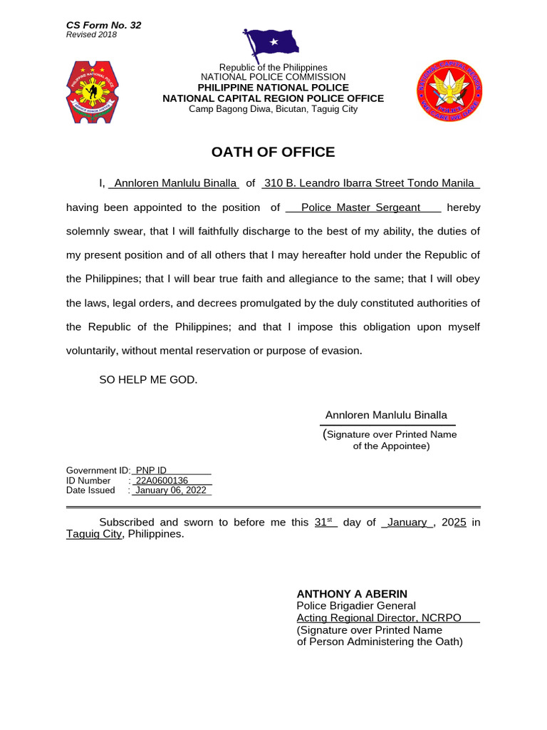 OATH OF OFFICE Sample Edited 2024 | PDF