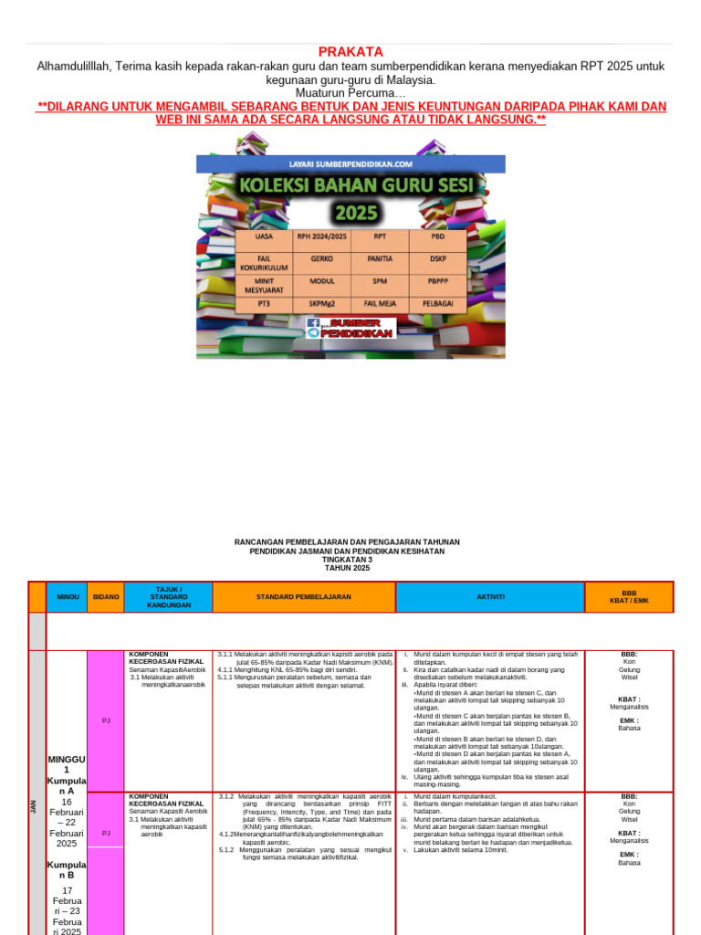 RPT 2025 Pendidikan Jasmani Kesihatan Tingkatan 3 KSSM Sumberpendidikan | PDF