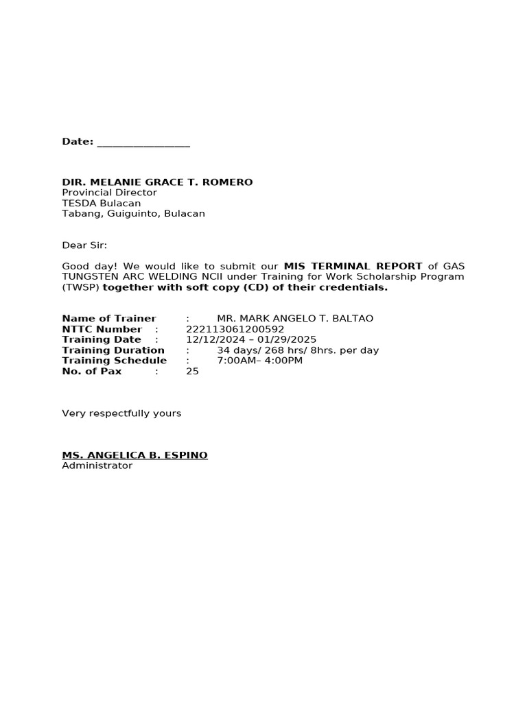 TESDA Training Terminal Reports Submission | PDF