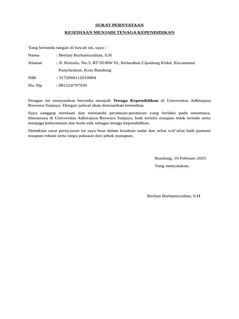 SURAT PERNYATAAN menjadi Tendik | PDF