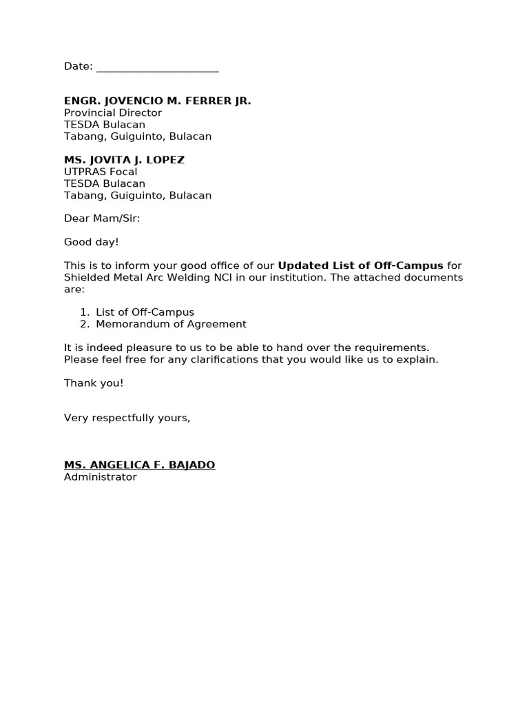 Transmittal Letter - List of Off Campus | PDF