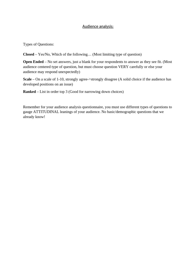 Audience Analysis Types of Questions | PDF