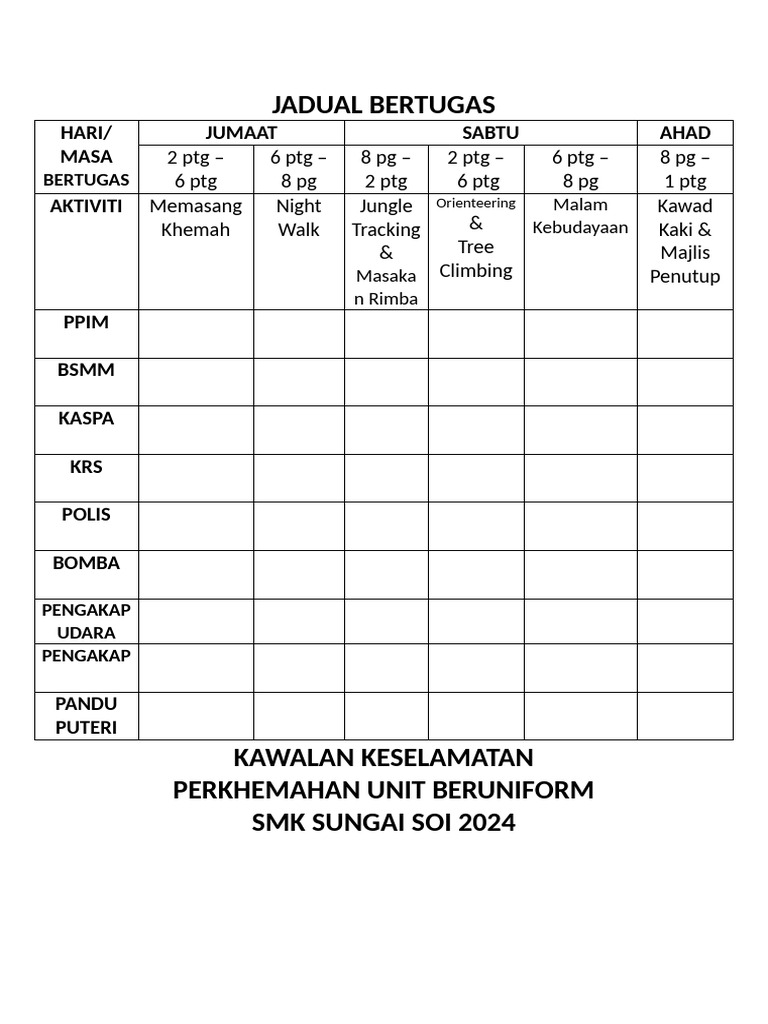 Jadual Bertugas Guru Di Perkhemahan 2024 | PDF