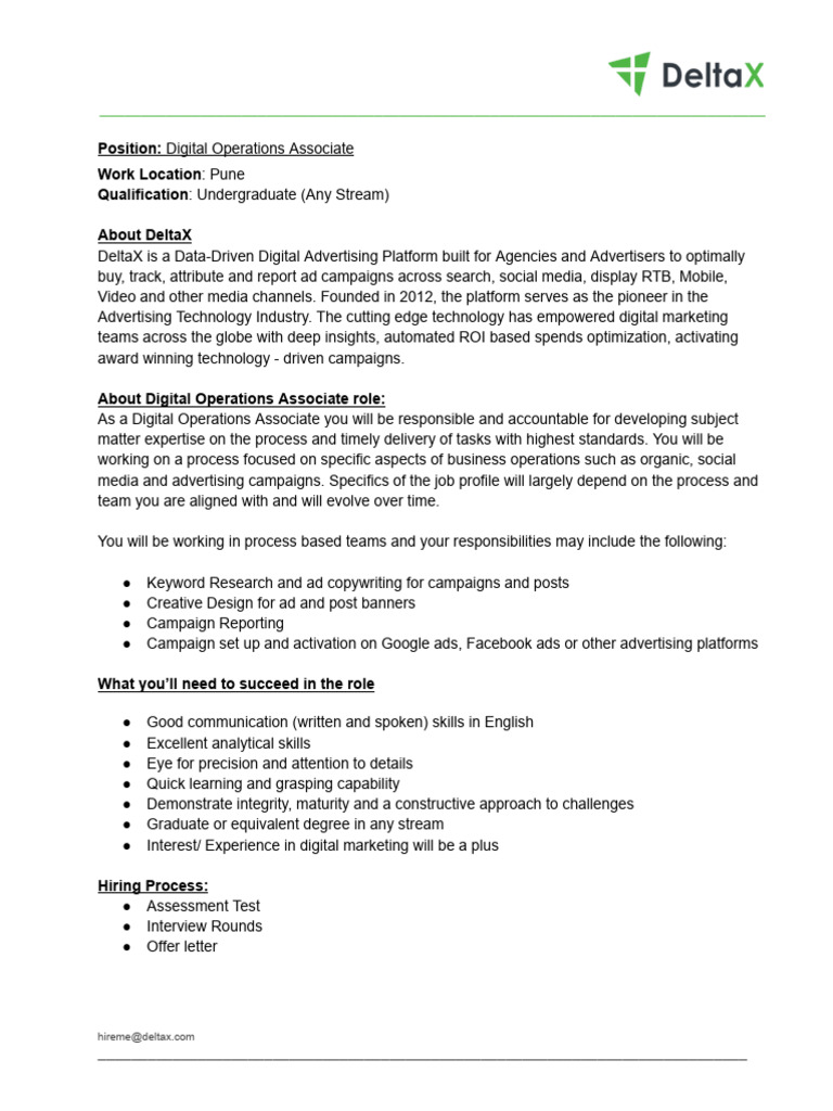 DeltaX - Digital Operations Associate - Job Description | PDF