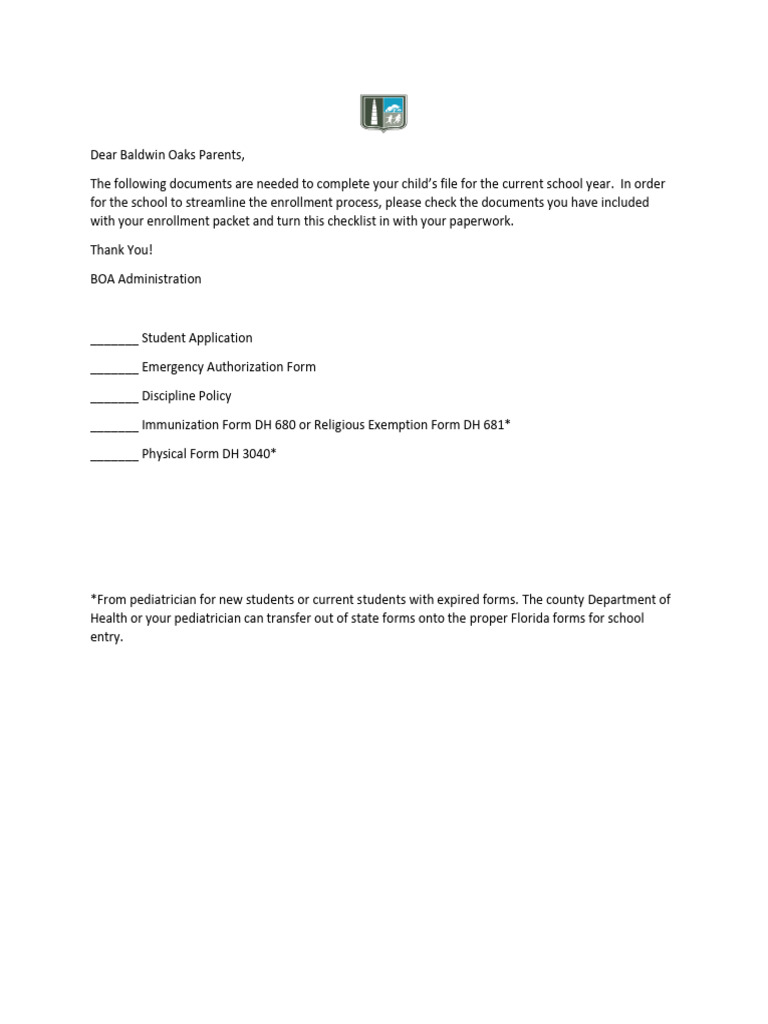 Required Enrollment Forms Checklist | PDF | Tuition Payments | Child Care