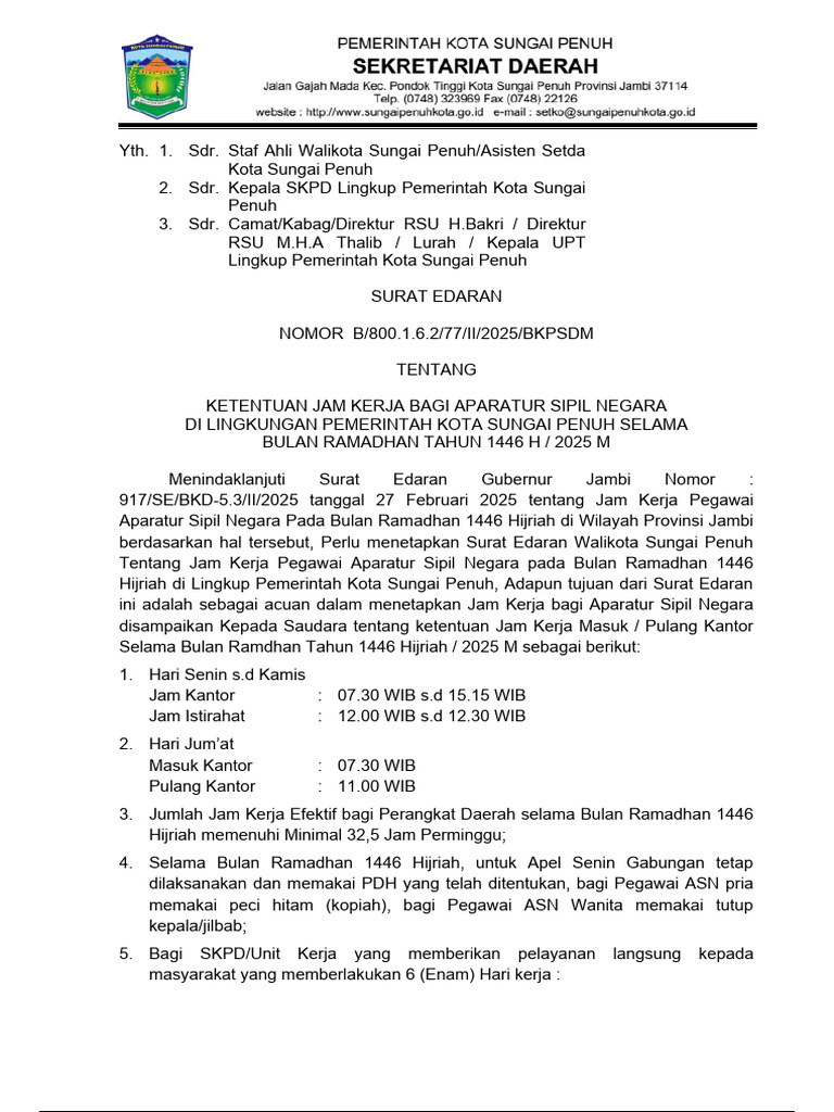 Surat Edaran Jam Kerja ASN Sungai Penuh Bulan Ramadhan 2025 | PDF