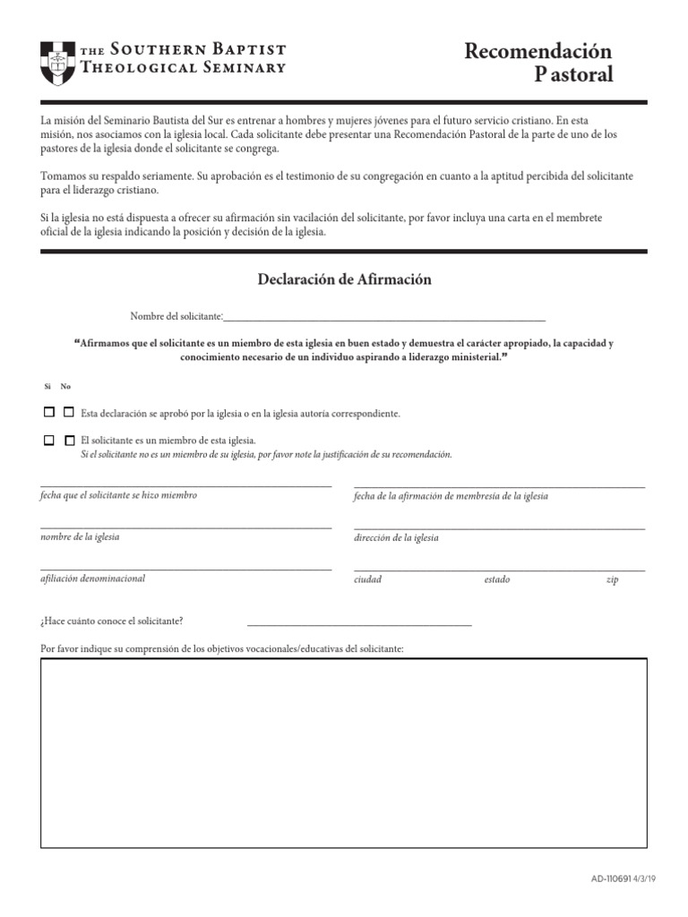 Hispanic Pastoral Recommendation Form | PDF