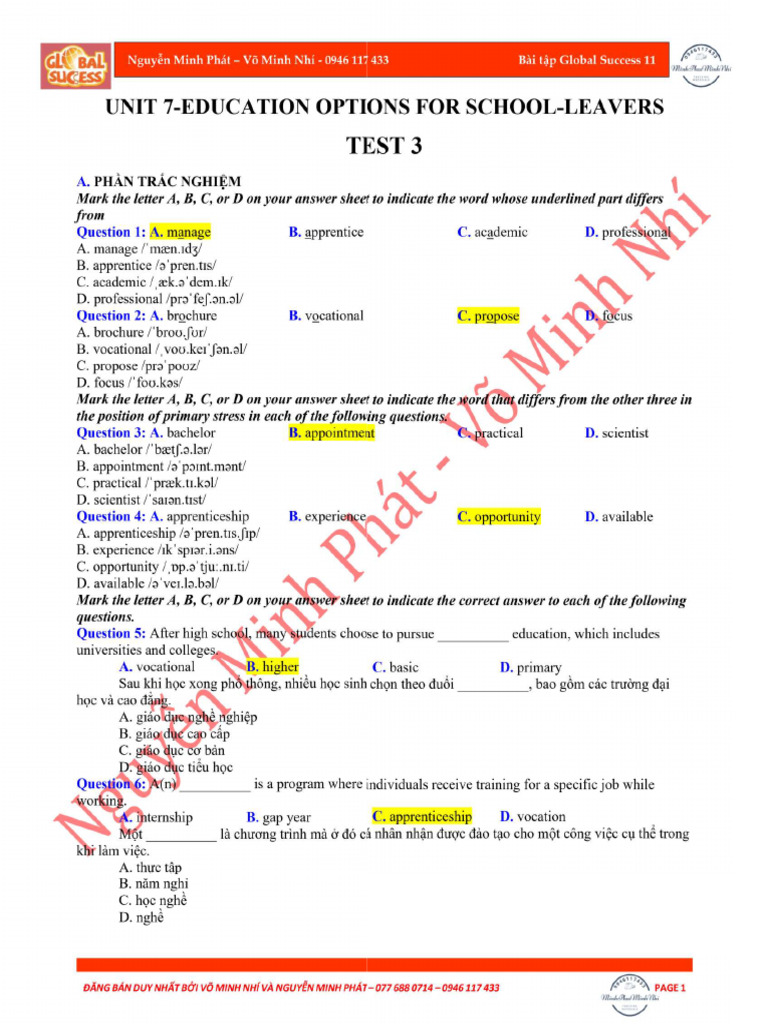 Đáp Án Test 3 U7 Gb11 Pdf