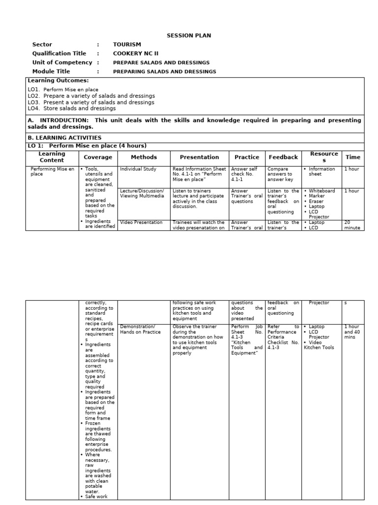 Bellen - Cookery - Session Plan | PDF | Lecture