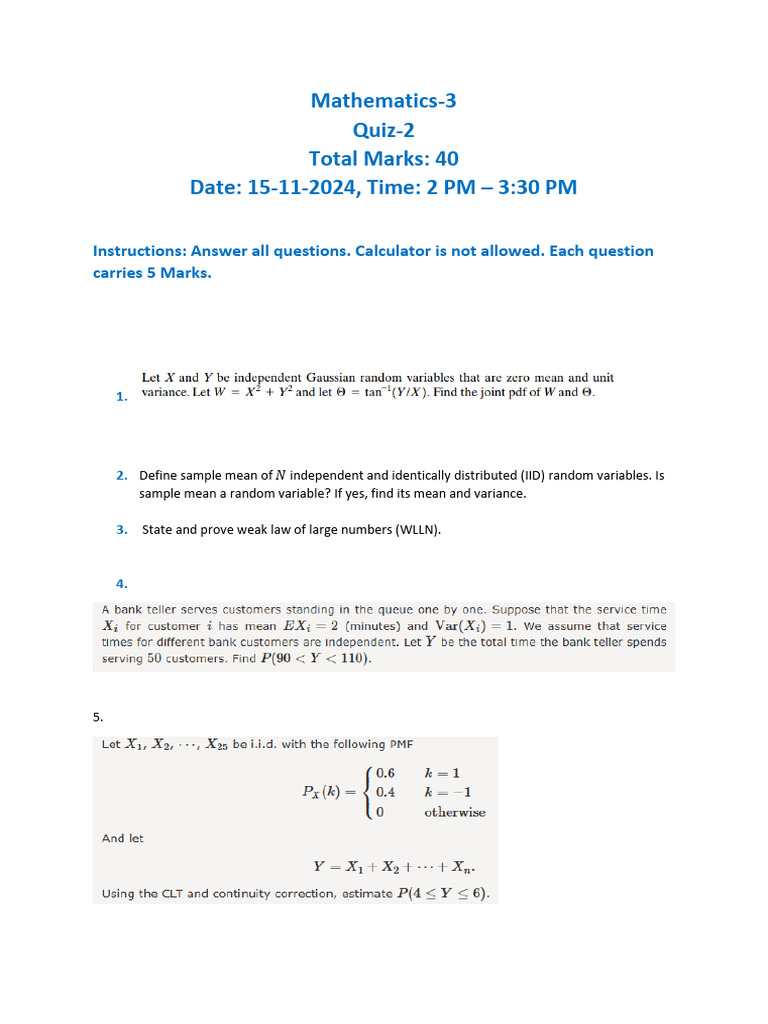 Mathematics Quiz on Sample Mean and WLLN | PDF