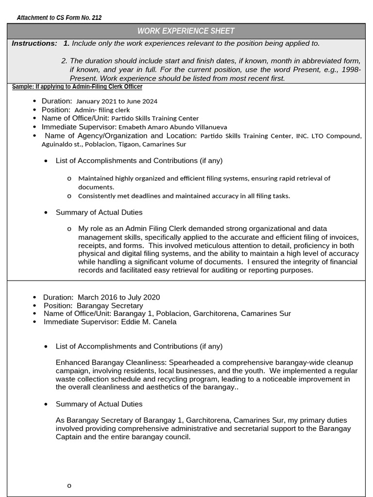 CS Form No. 212 Attachment - Work Experience Sheet YY | PDF | Business