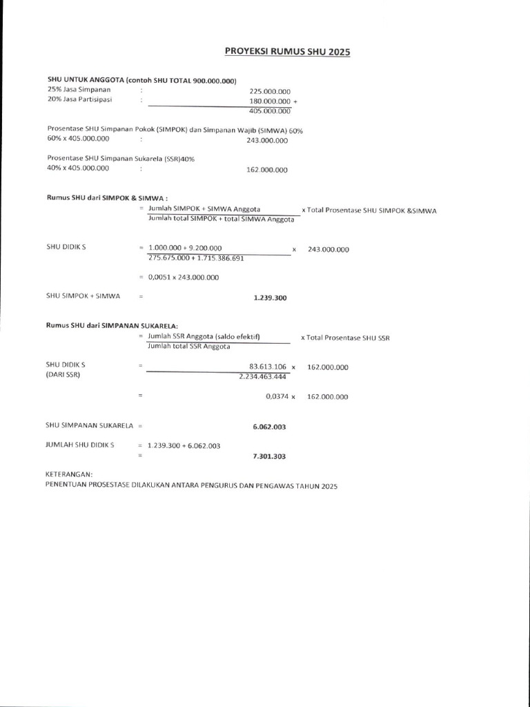 Proyeksi Rumus Shu 2025 60 SW 40 Ss Dan Perhitungan Saldo Efektif Tahun 2024 | PDF