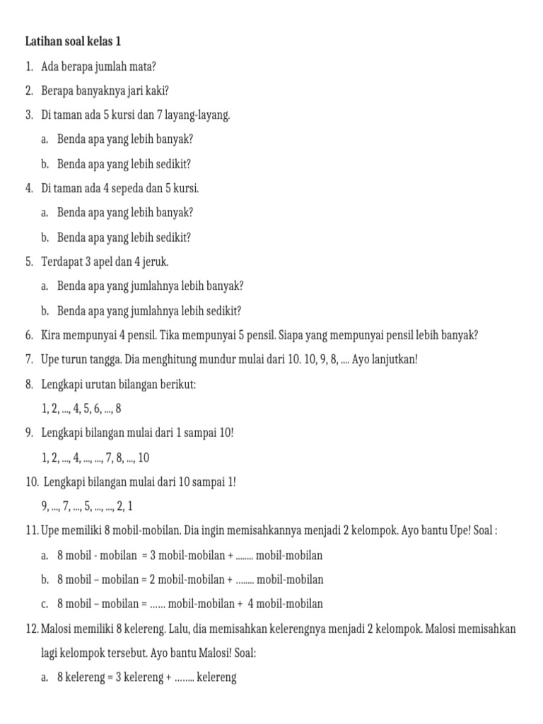 Latihan Soal Matematika Kelas 1 Pdf