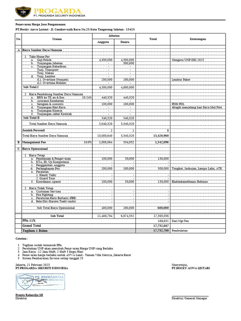 Penawaran Harga Jasa Security - PT - Hocky Anwa Lestari.21.Feb'25. | PDF