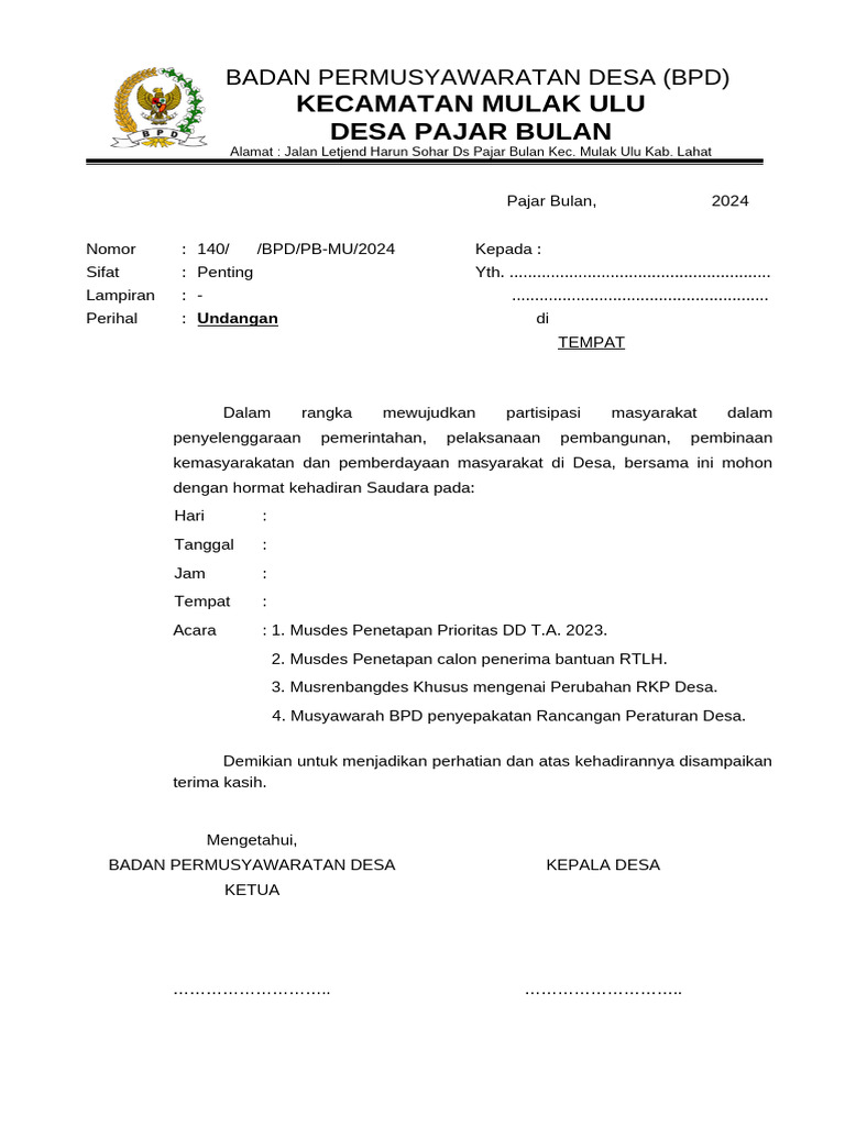 Undangan Musdes Desa Pajar Bulan | PDF