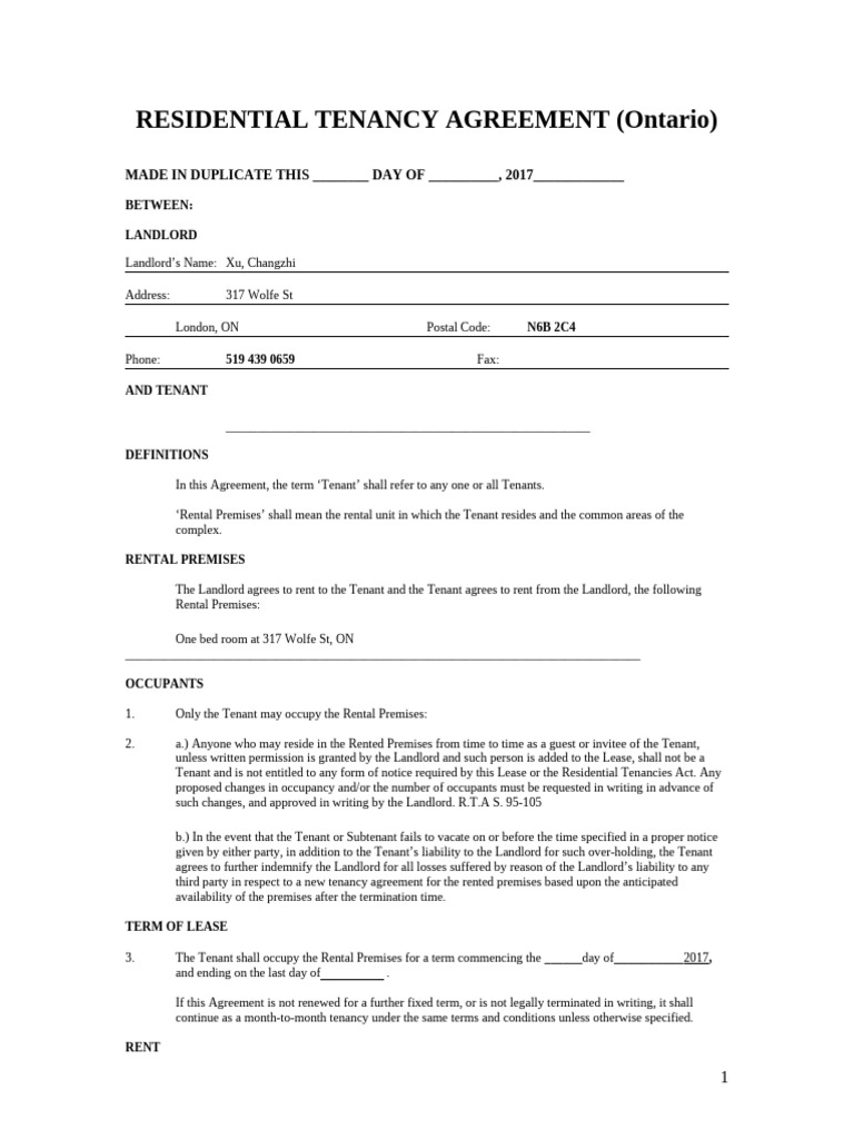 Residential Tenancy Agreement (Standard, One Tenant) | PDF | Leasehold ...