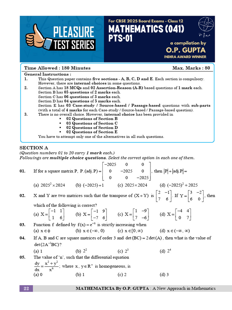 PTS-01 (XII 2024-25) - by O.P. GUPTA | PDF | Equations | Matrix (Mathematics)