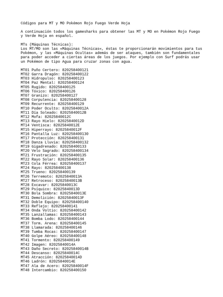 Códigos MT y MO Pokémon Rojo Fuego | PDF | Relámpago
